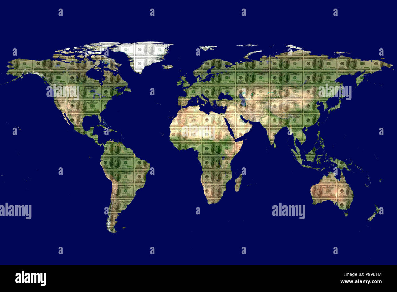 close up shot of a world map on dollar bill background Stock Photo - Alamy