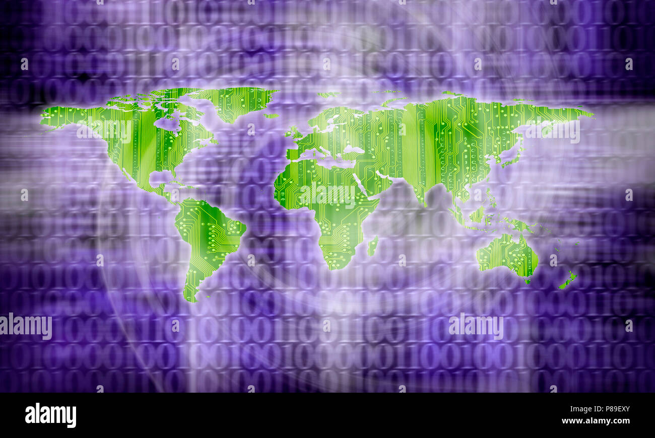 an image of flat world map on binary code background Stock Photo - Alamy