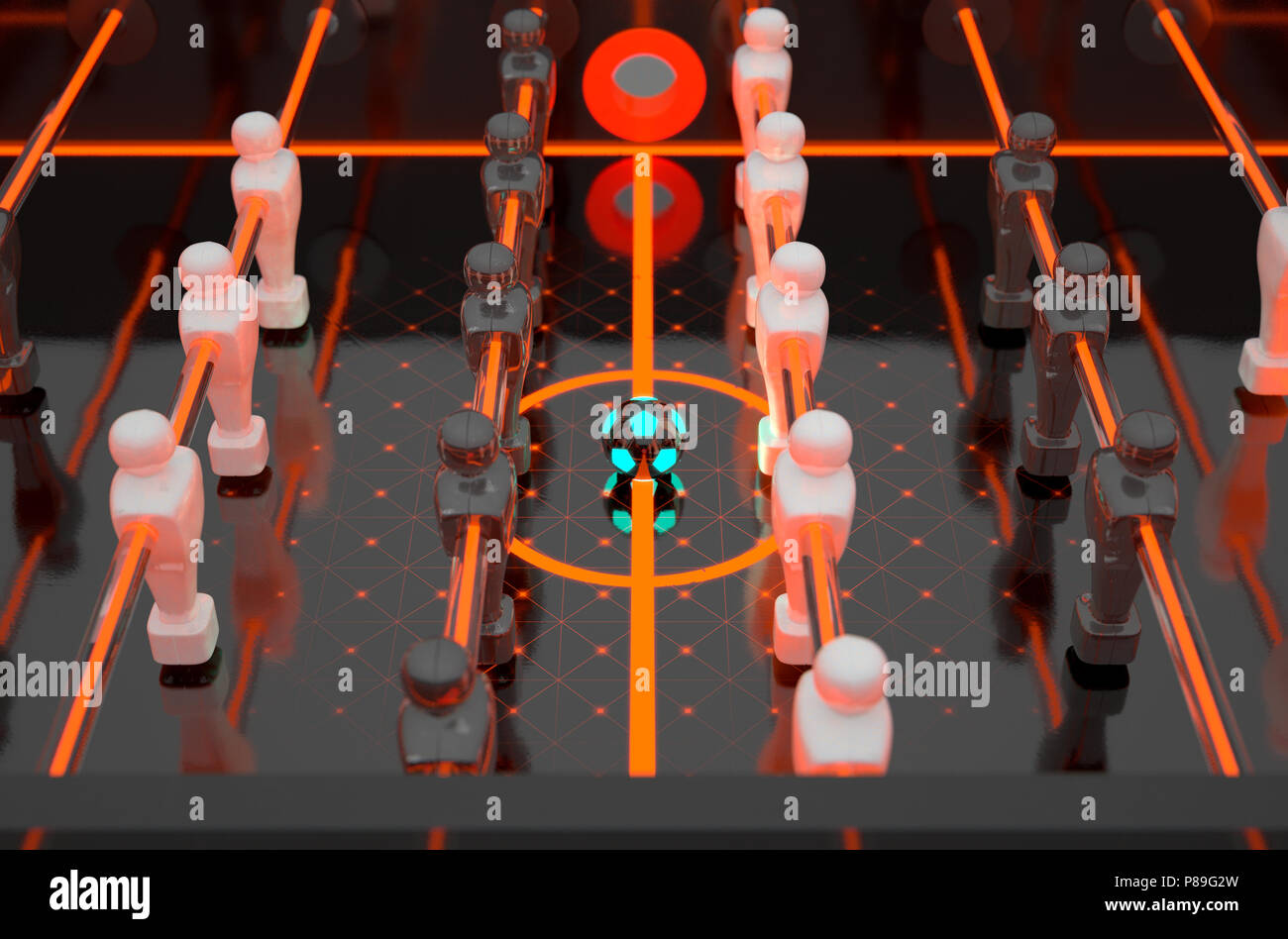 A closeup look of the figurines of a futuristic foosball table lit by ...