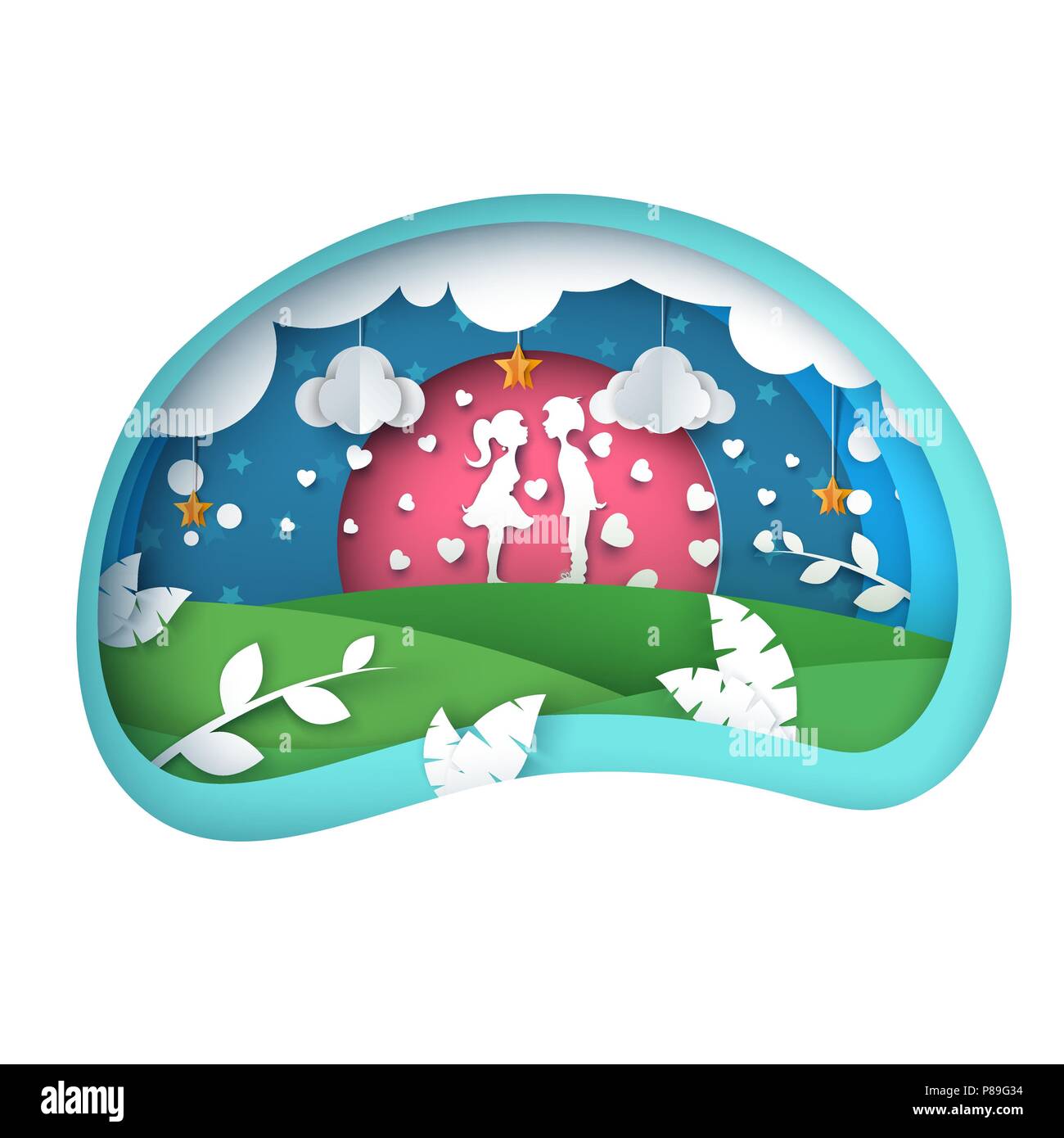 Boy and girl love illustration. Paper cartoon landscape. Valentines day ...