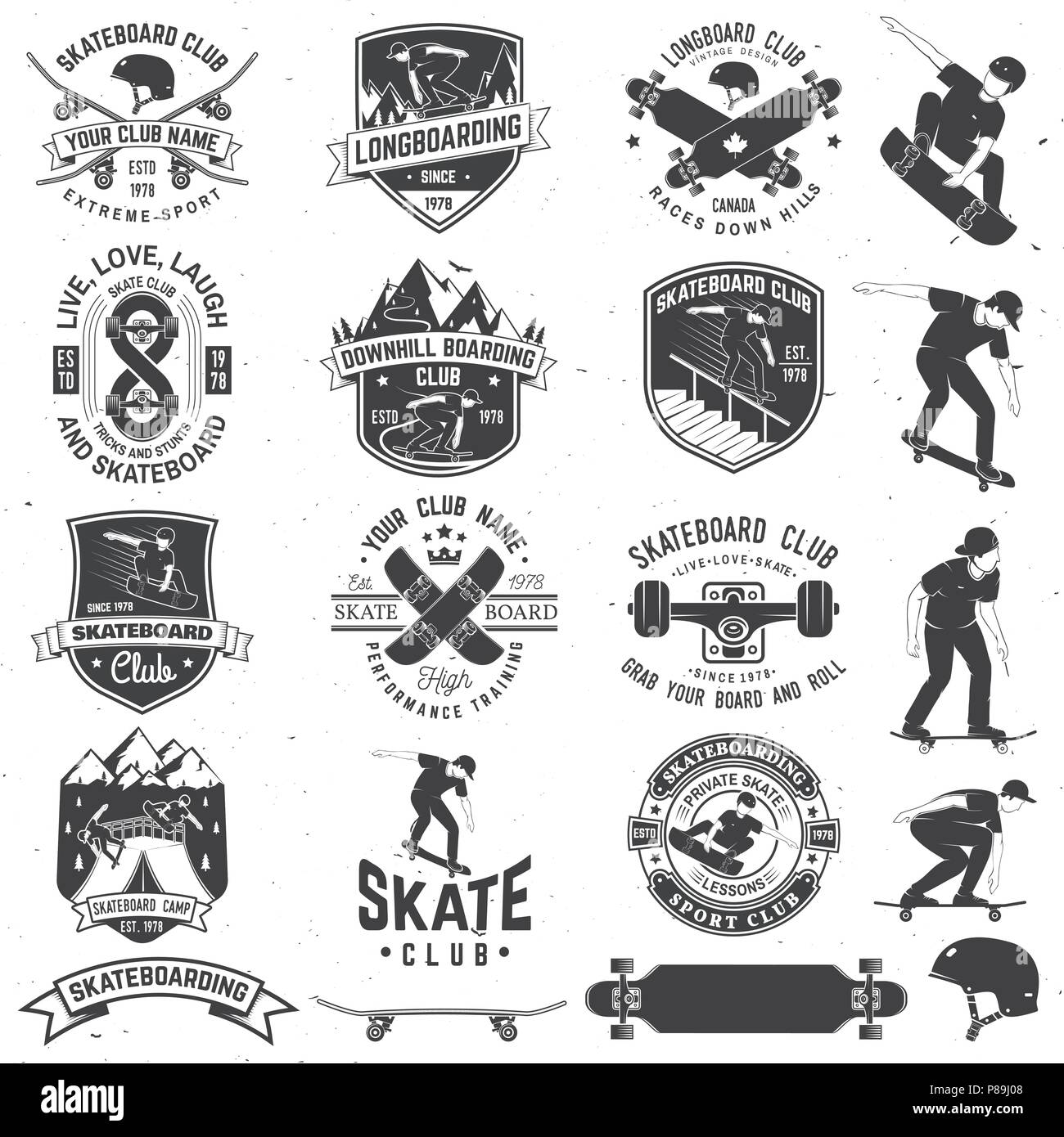 Set of Skateboard and longboard club badges with design element. Vector ...
