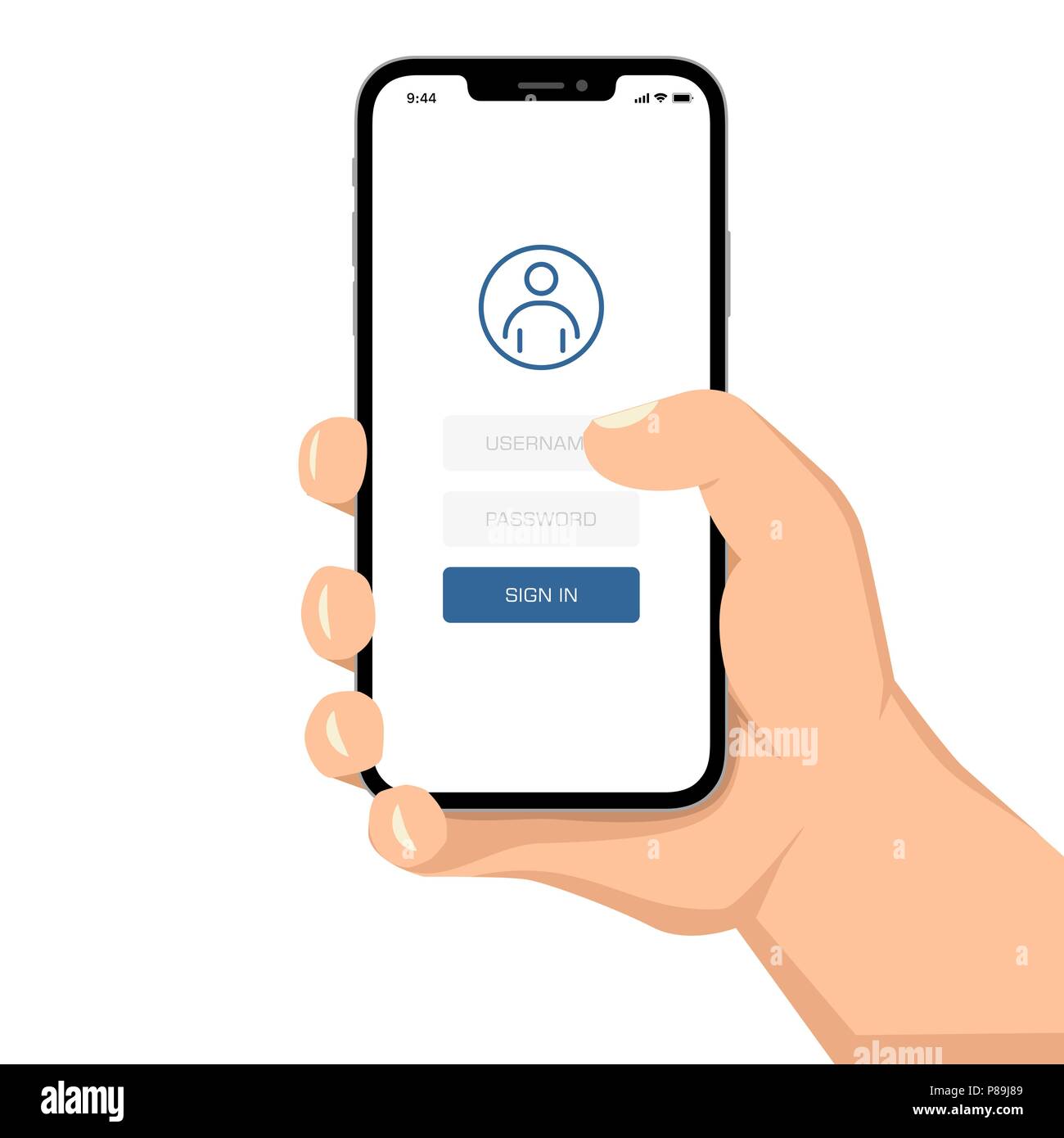 Brutal human hand holding smartphone with sign in application ui flat ...