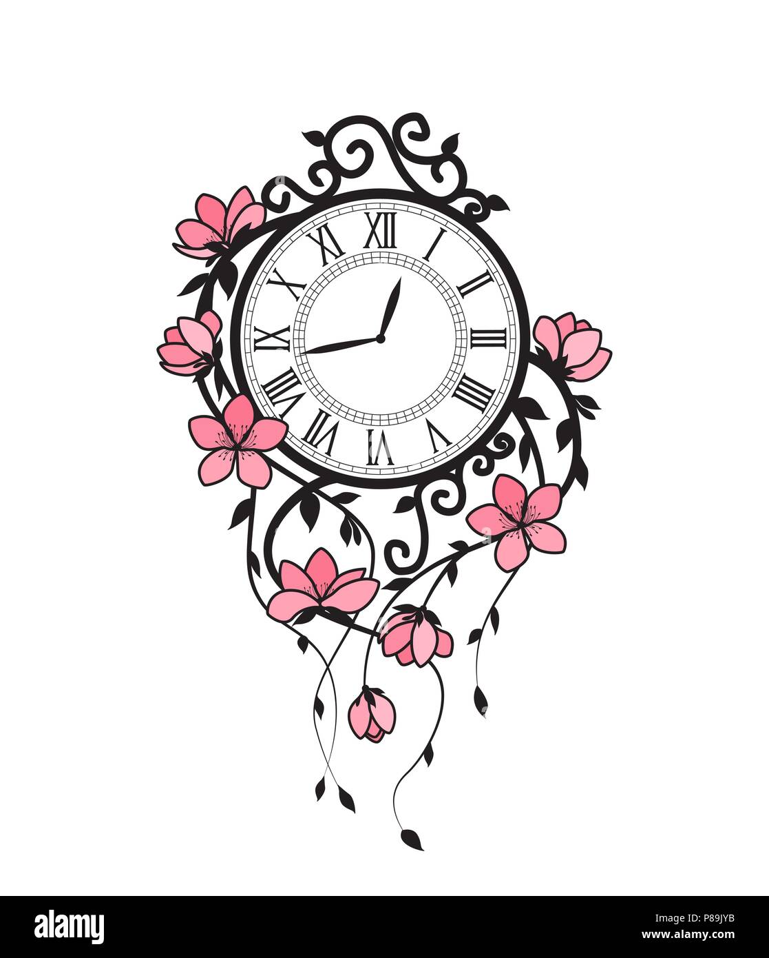 Vector illustration of pink flowers and clock. Floral branches Sakura ...
