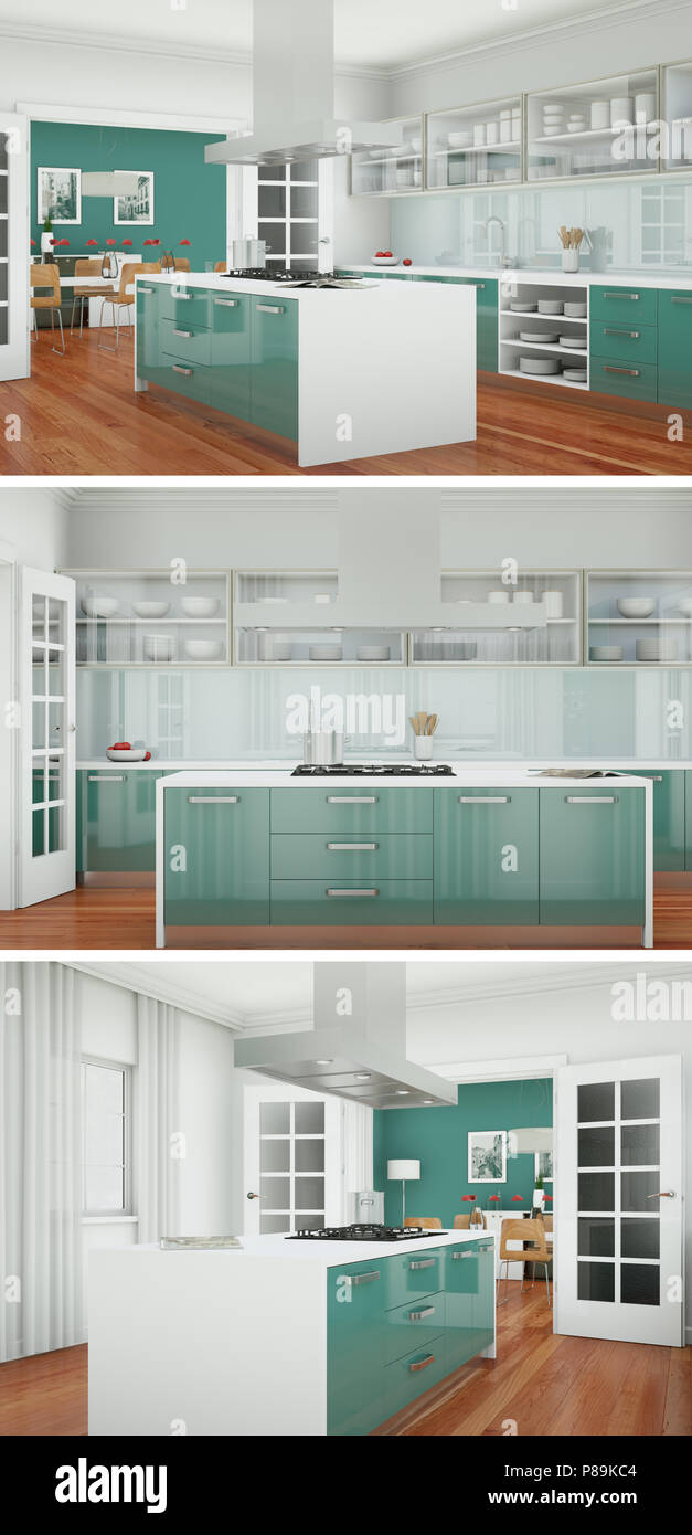 Three views of a modern kitchen with a beautiful design Stock Photo - Alamy