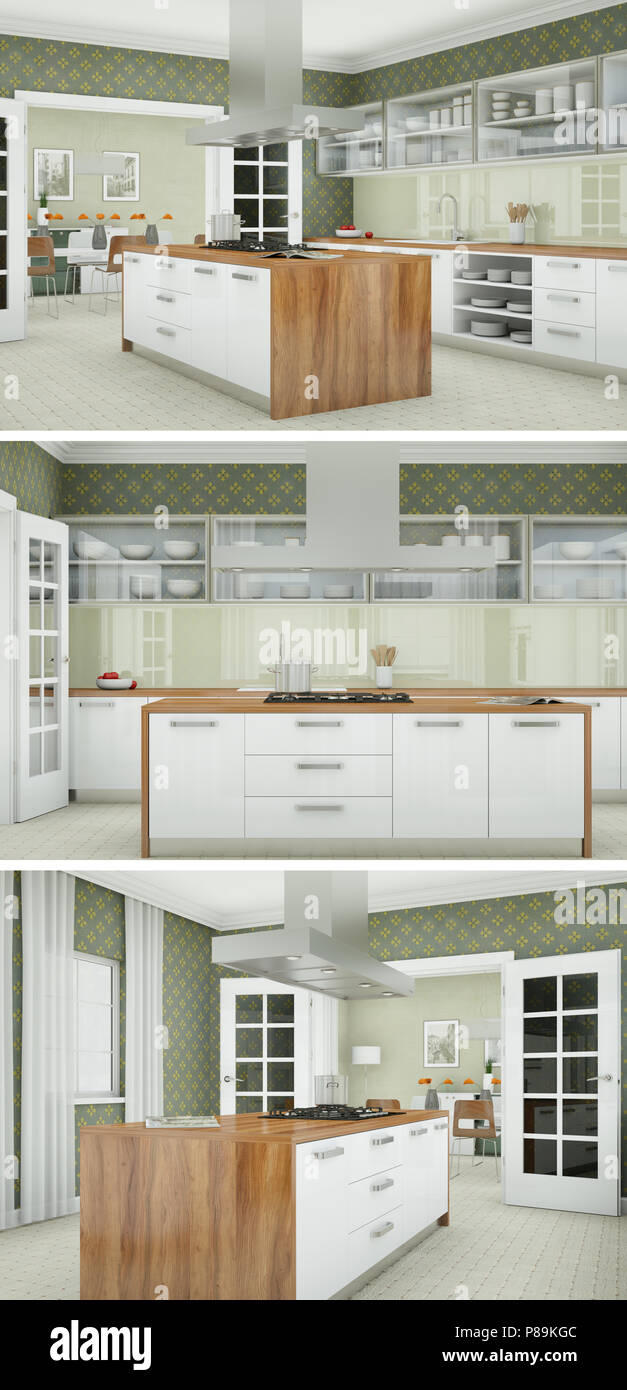 Three views of a modern kitchen with a beautiful design Stock Photo - Alamy