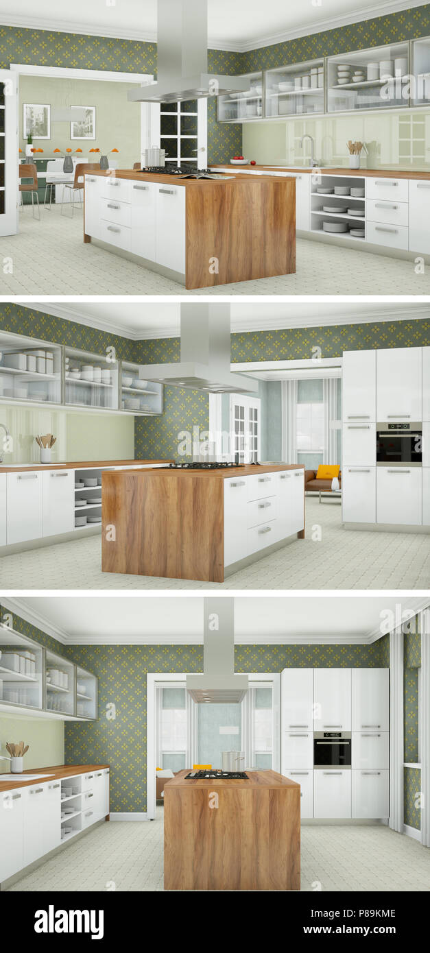 Three views of a modern kitchen with a beautiful design Stock Photo - Alamy
