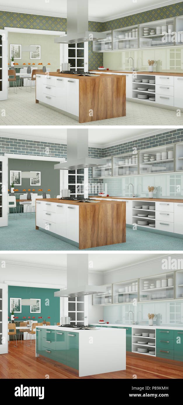 Three views of a modern kitchen with a beautiful design Stock Photo - Alamy