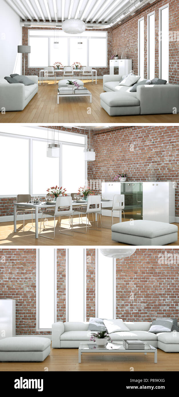 Three views of modern interior loft design Stock Photo - Alamy