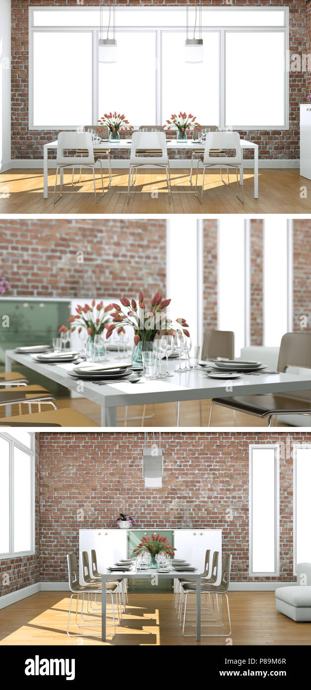 Three views of modern interior loft design Stock Photo - Alamy