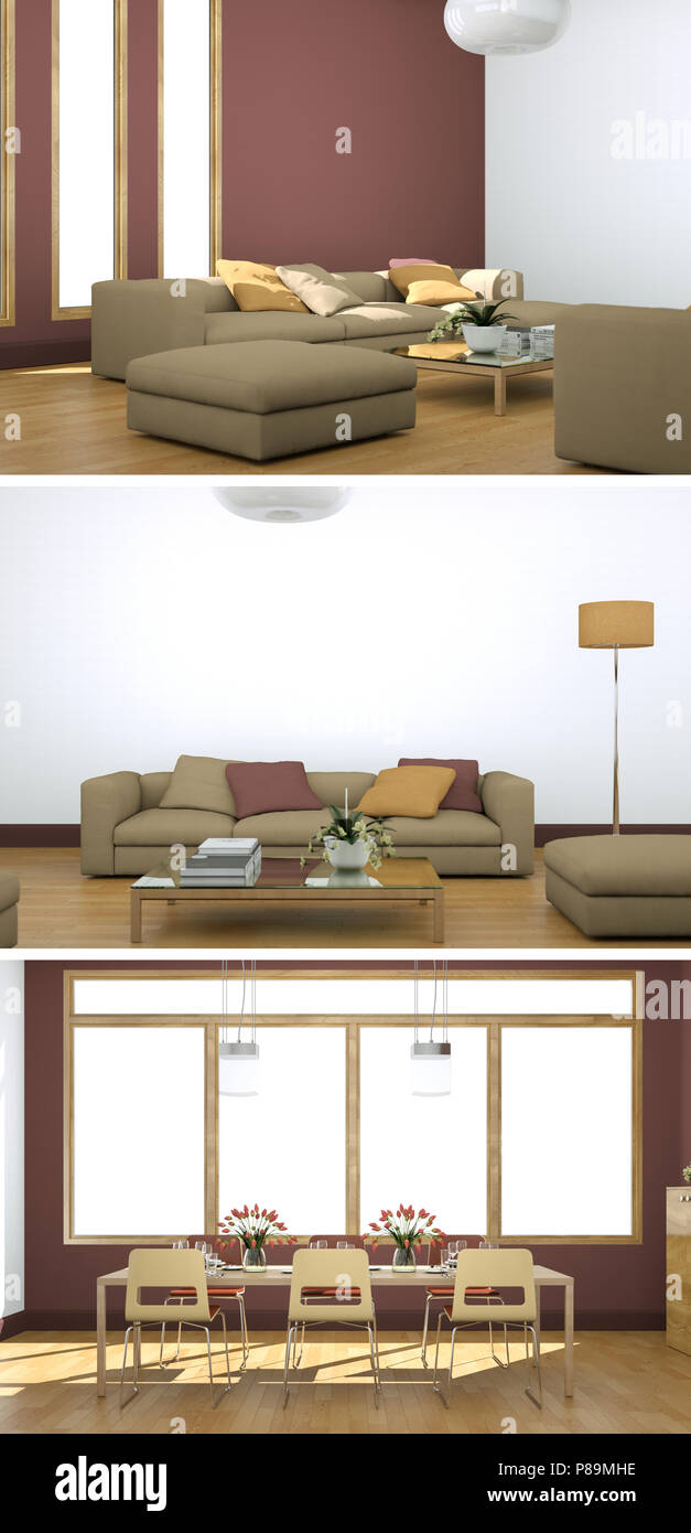Three views of modern interior loft design Stock Photo - Alamy