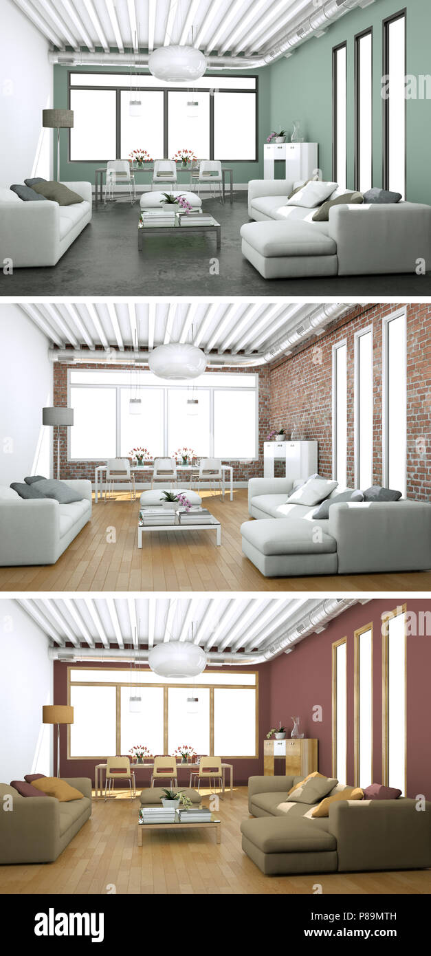 Three color variations of a modern loft interior design Stock Photo - Alamy
