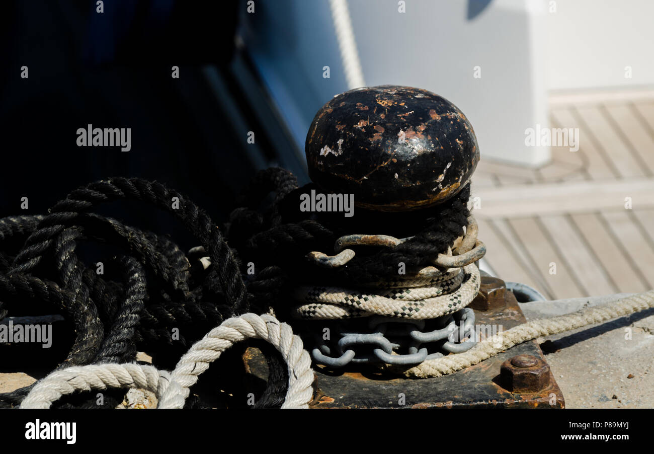 mooring post on the waterfront in a small marina, element for mooring ...