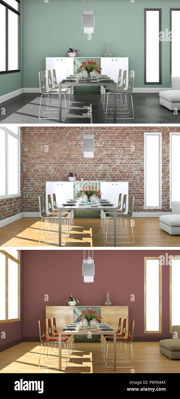 Three color variations of a modern loft interior design Stock Photo - Alamy