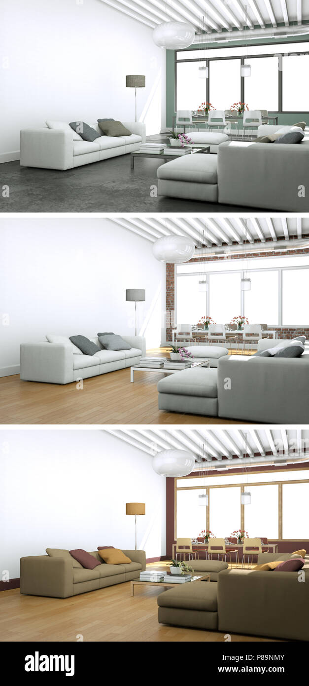 Three color variations of a modern loft interior design Stock Photo - Alamy
