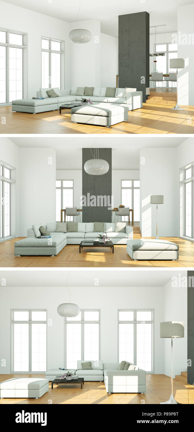 Three views of modern interior loft design Stock Photo - Alamy