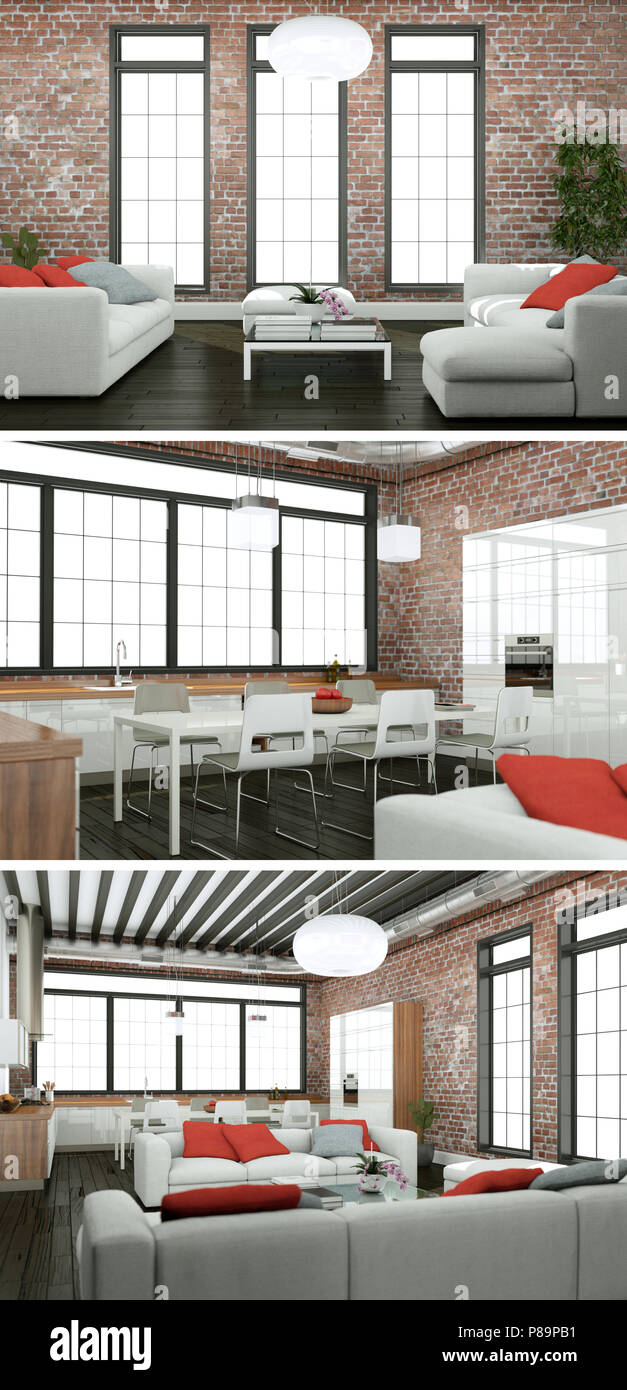 Three views of modern interior loft design Stock Photo - Alamy