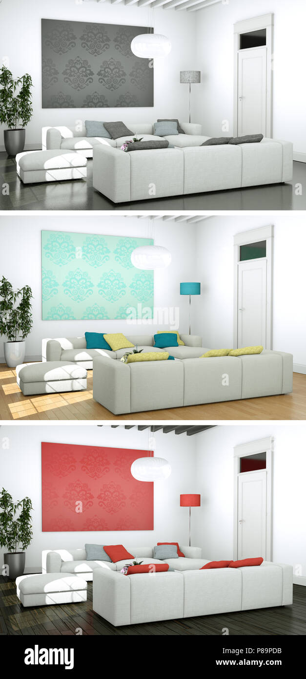 Three color variations of a modern loft interior design Stock Photo - Alamy