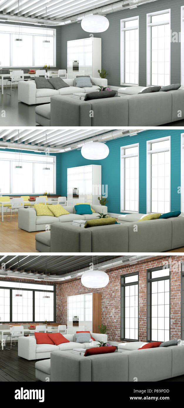 Three color variations of a modern loft interior design Stock Photo - Alamy