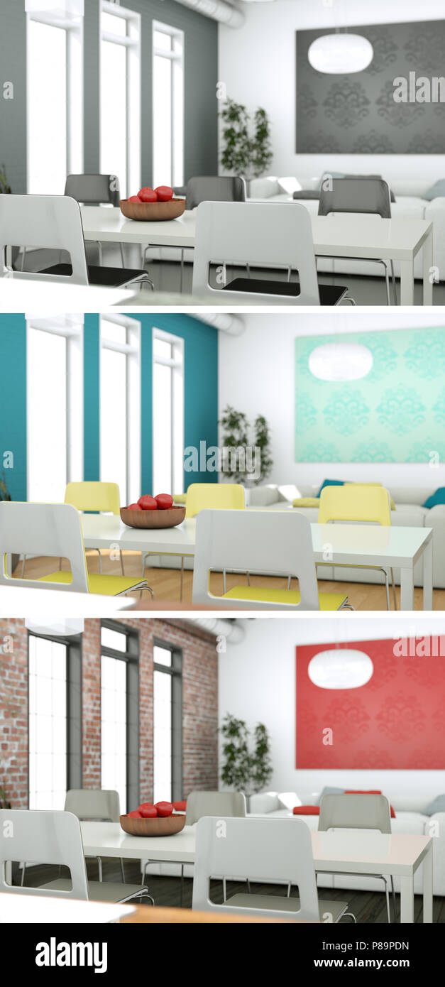 Three color variations of a modern loft interior design Stock Photo - Alamy