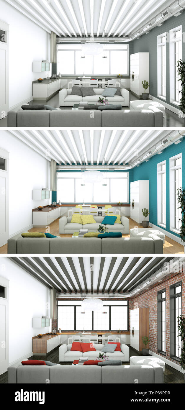Three color variations of a modern loft interior design Stock Photo - Alamy