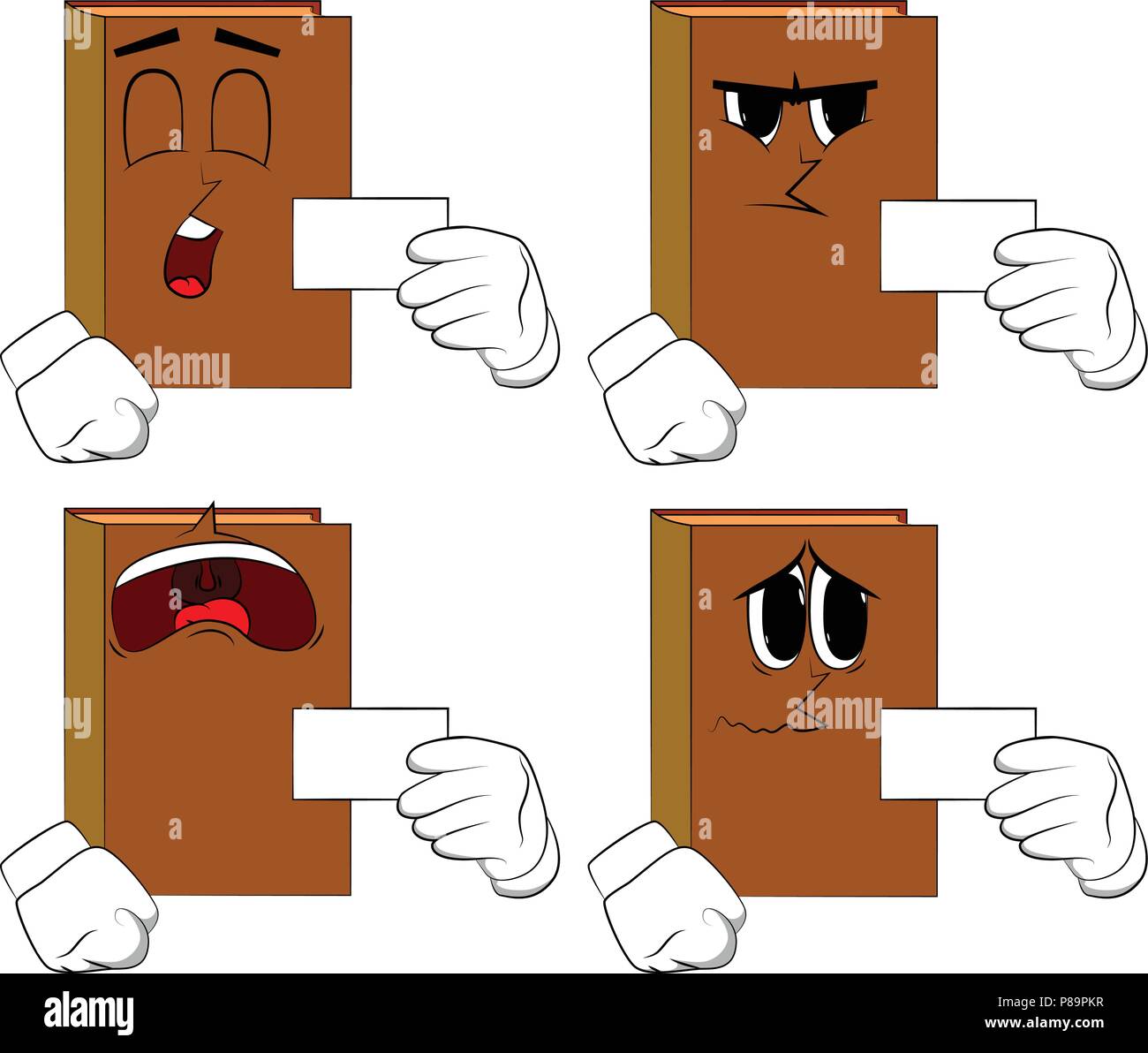 Books holding blank white card mockup. Cartoon book collection with sad ...