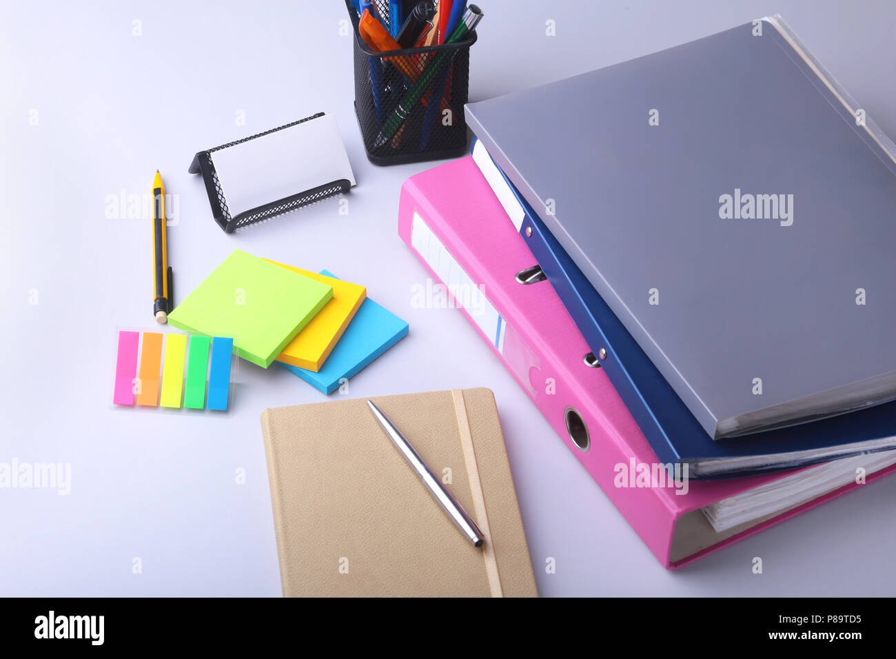 Folder file, note and pen on the desk. blurred background Stock Photo ...