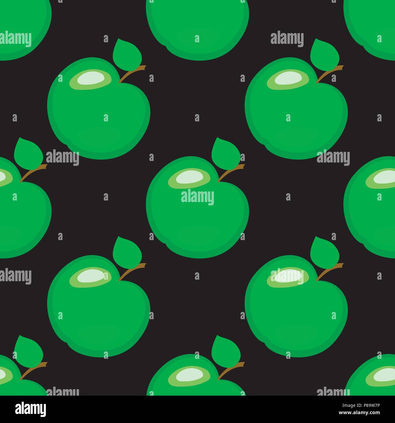 Apples. Fruits. Seamless pattern Green elements black background Stock ...