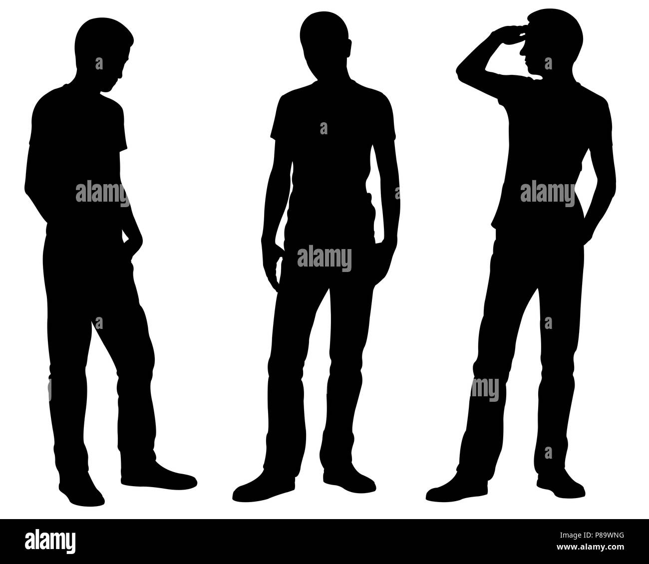 Silhouettes of men is different standing positions isolated on white ...