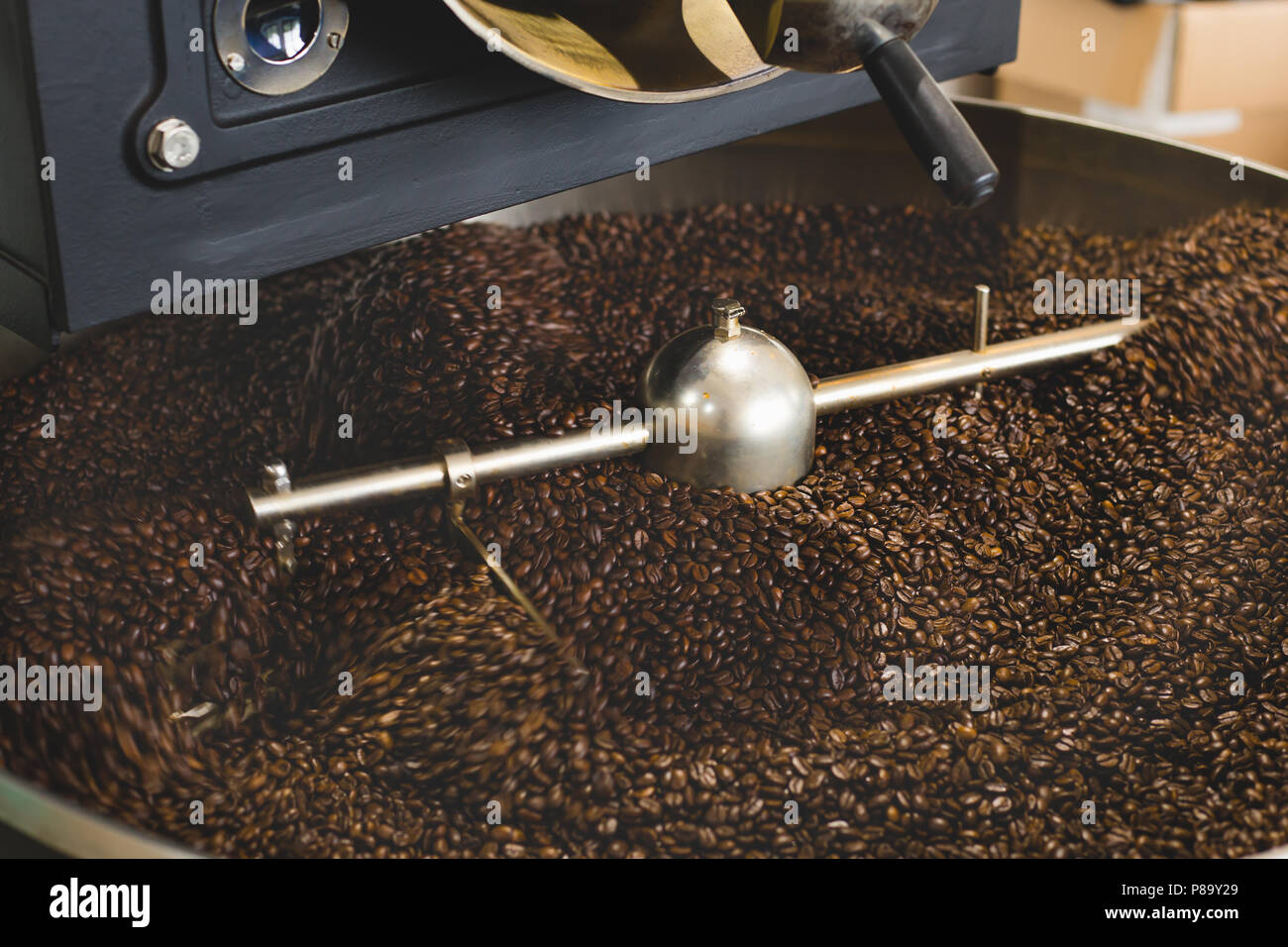 The freshly roasted coffee beans from a large coffee roaster in the ...