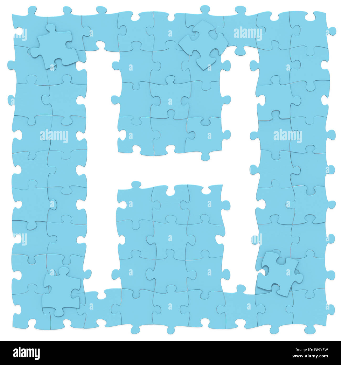 Jigsaw puzzles blue color assembled like capital letter H on white ...