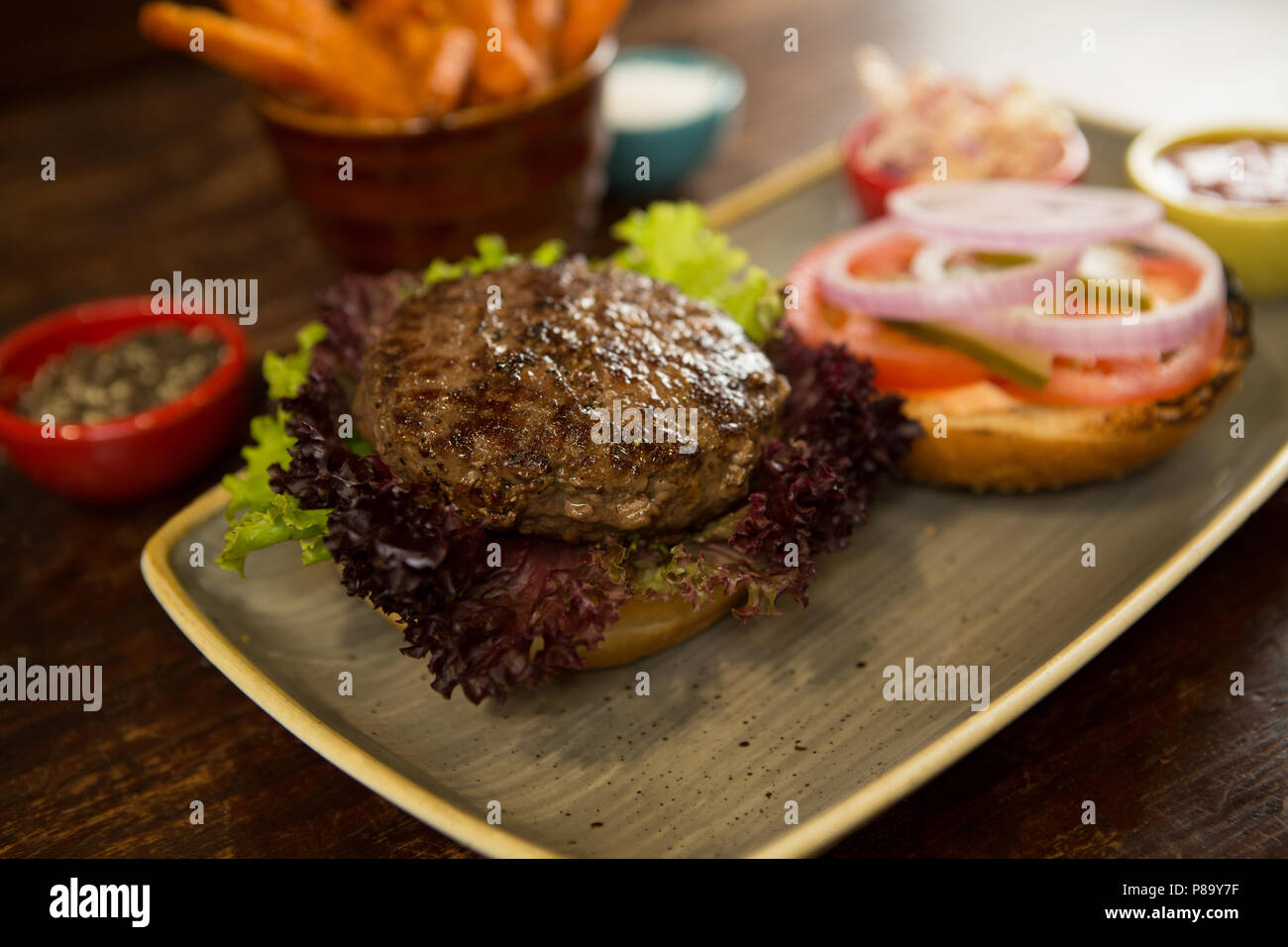 Meat burger served in tray Stock Photo - Alamy