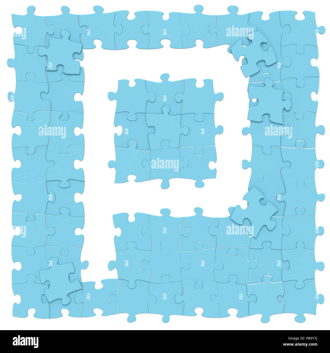 Jigsaw puzzles blue color assembled like capital letter P on white ...
