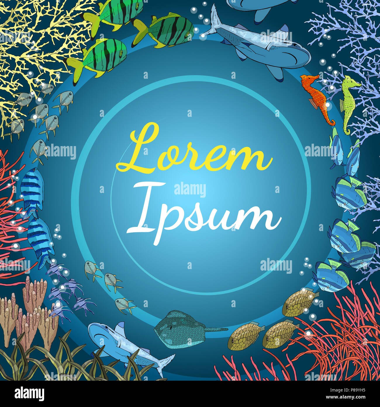 Underwater banner with exotic fish, seahorses, sharks, starfish, coral ...