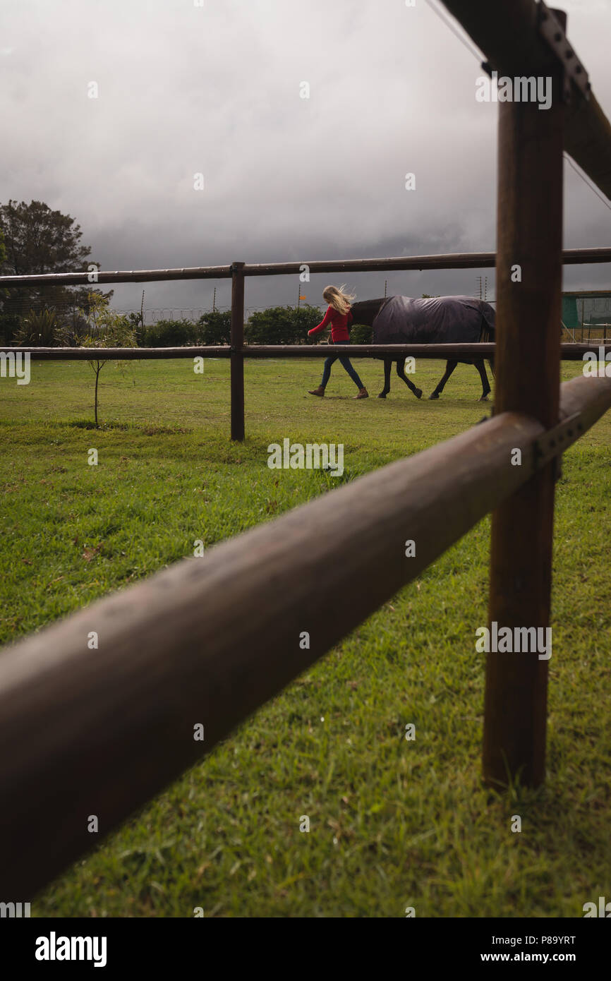 Girl walking with horse in the ranch Stock Photo - Alamy