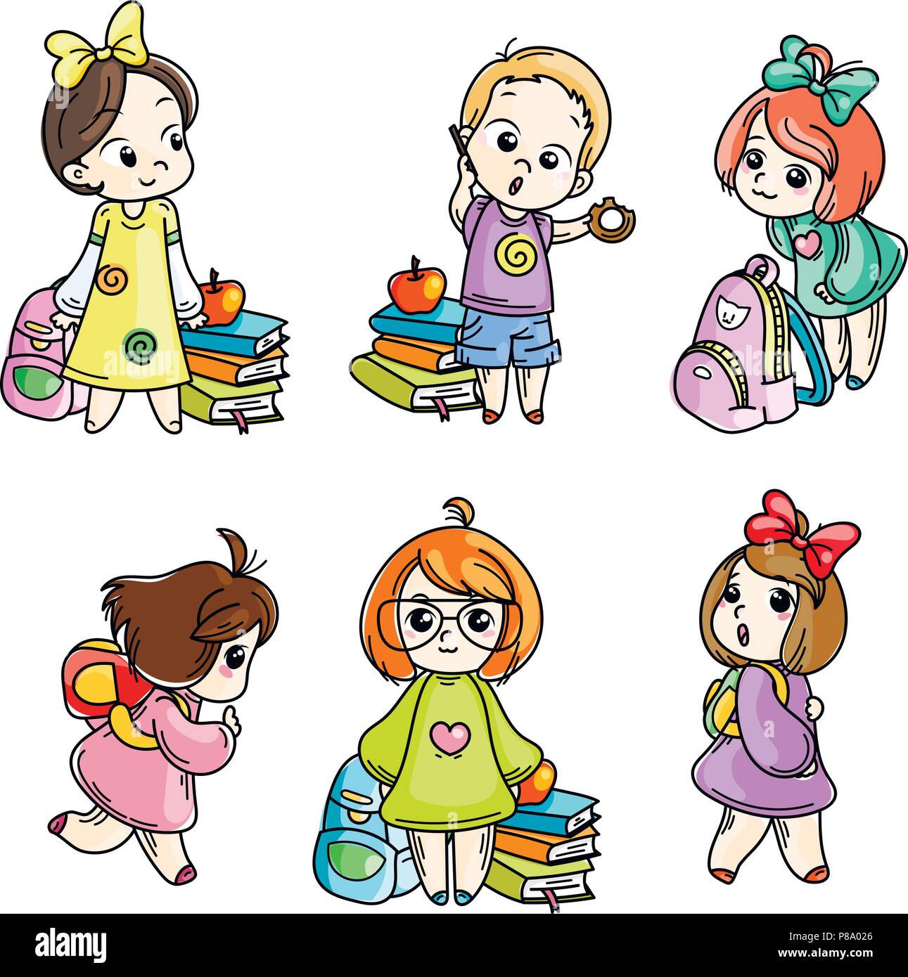 Collection of school cartoon children. Set of vector illustration ...