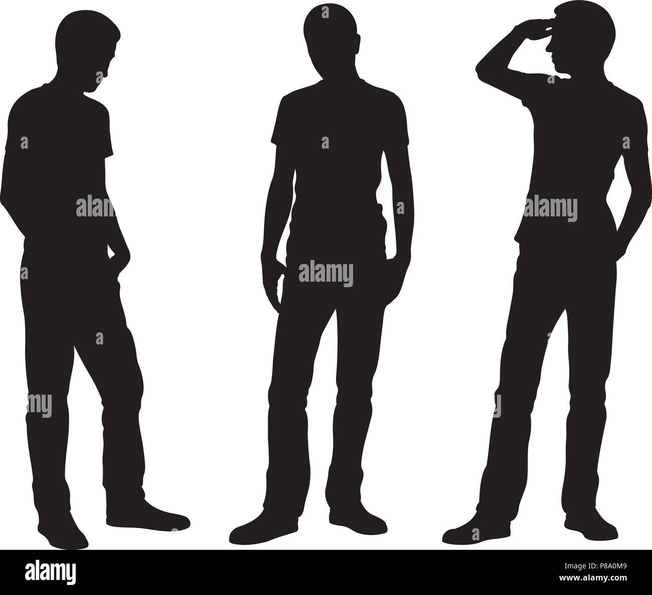 Silhouettes of men is different standing positions isolated on white ...