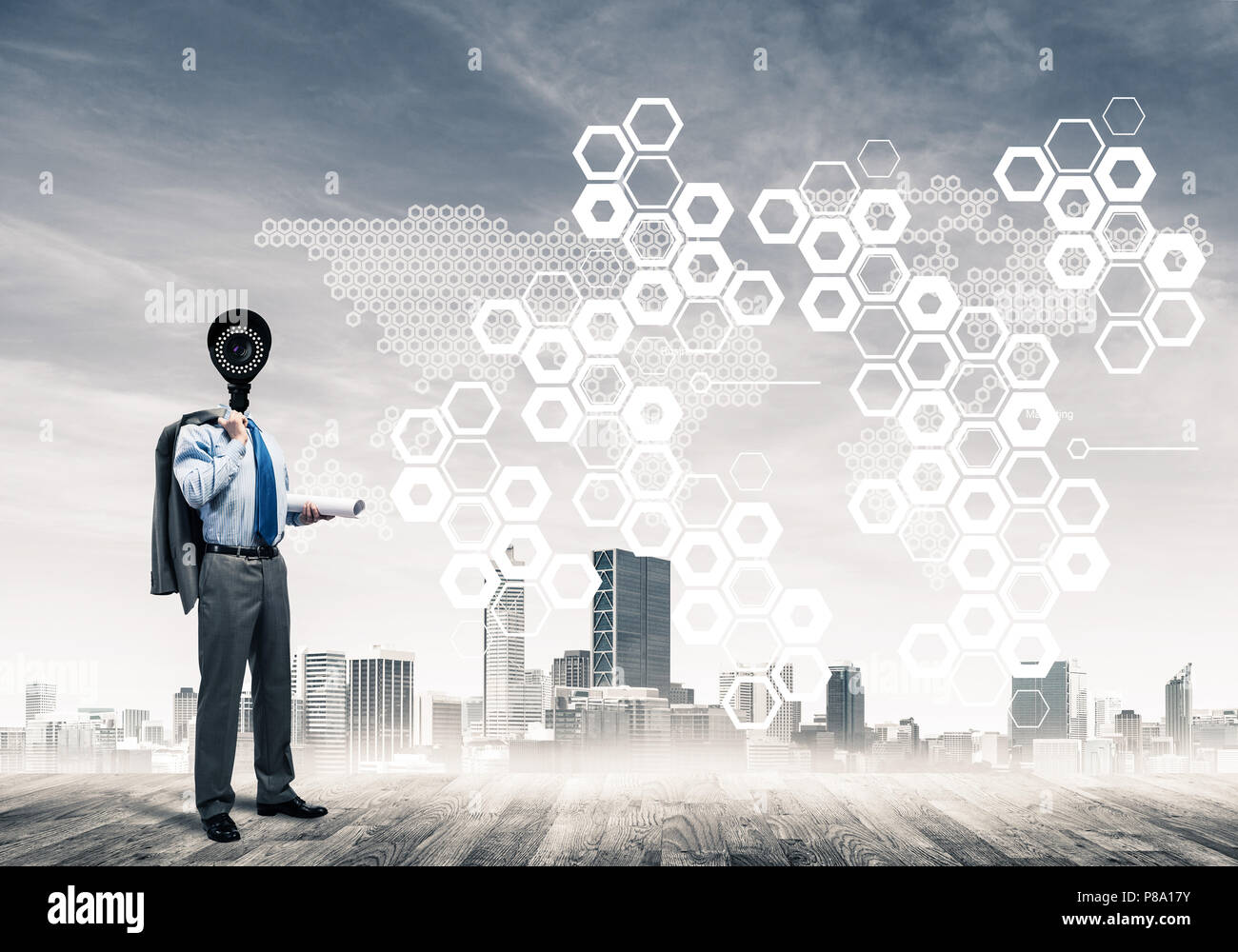 Camera headed man standing on wooden floor against modern citysc Stock ...