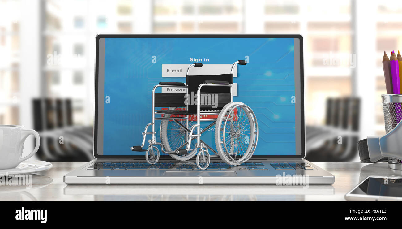 Technology for disabled. Wheelchair empty on computer laptop keyboard ...