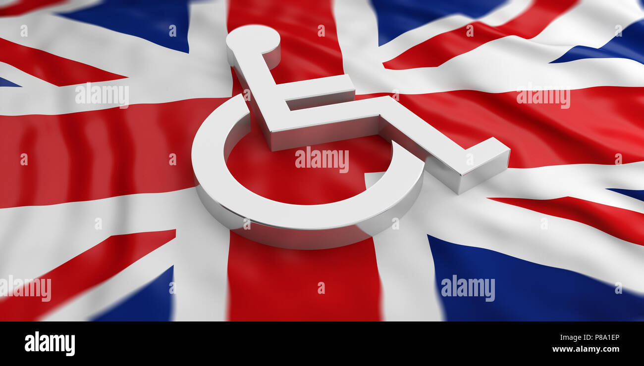 UK and disability. Wheelchair, disabled sign isolated on English flag ...