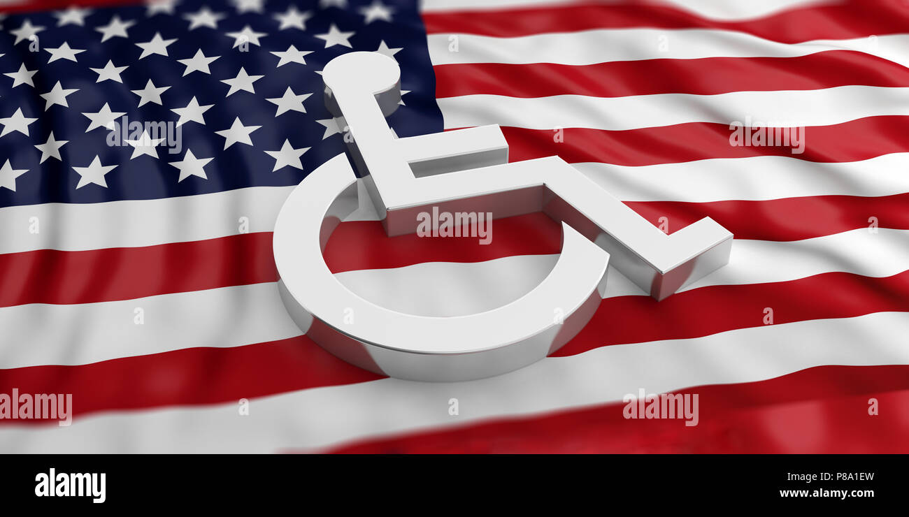USA and disability. Wheelchair, disabled sign isolated on US of America ...