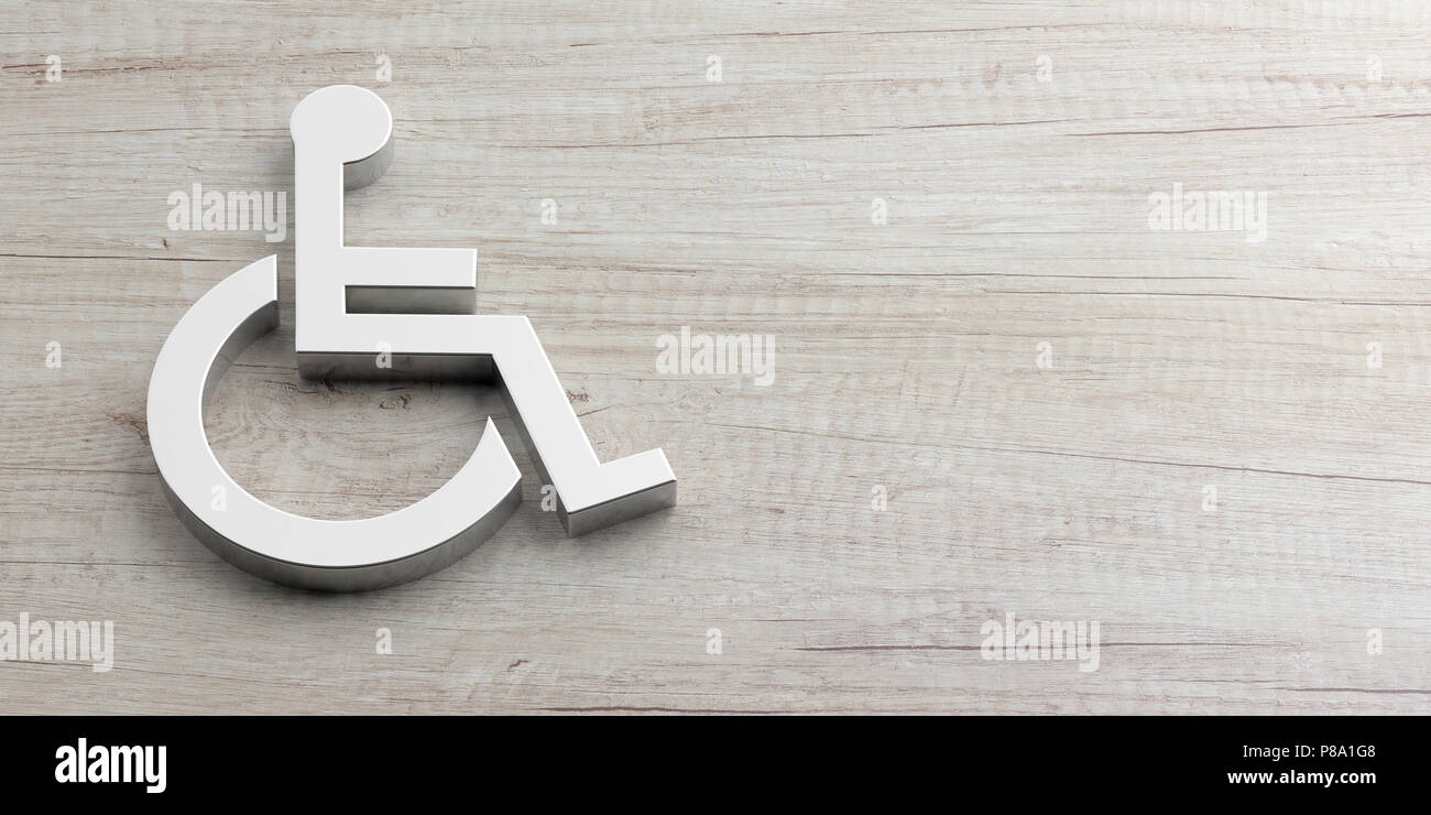 Wheelchair, disabled access sign isolated on wooden background, copy ...