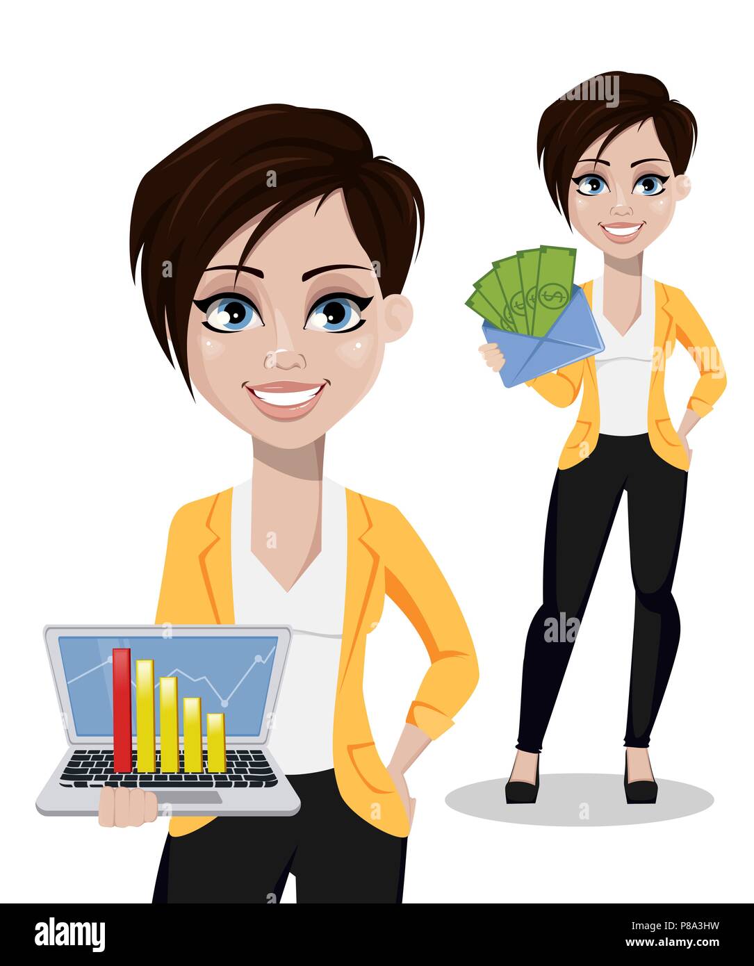 Business woman, freelancer, banker, set of two poses. Beautiful lady in ...