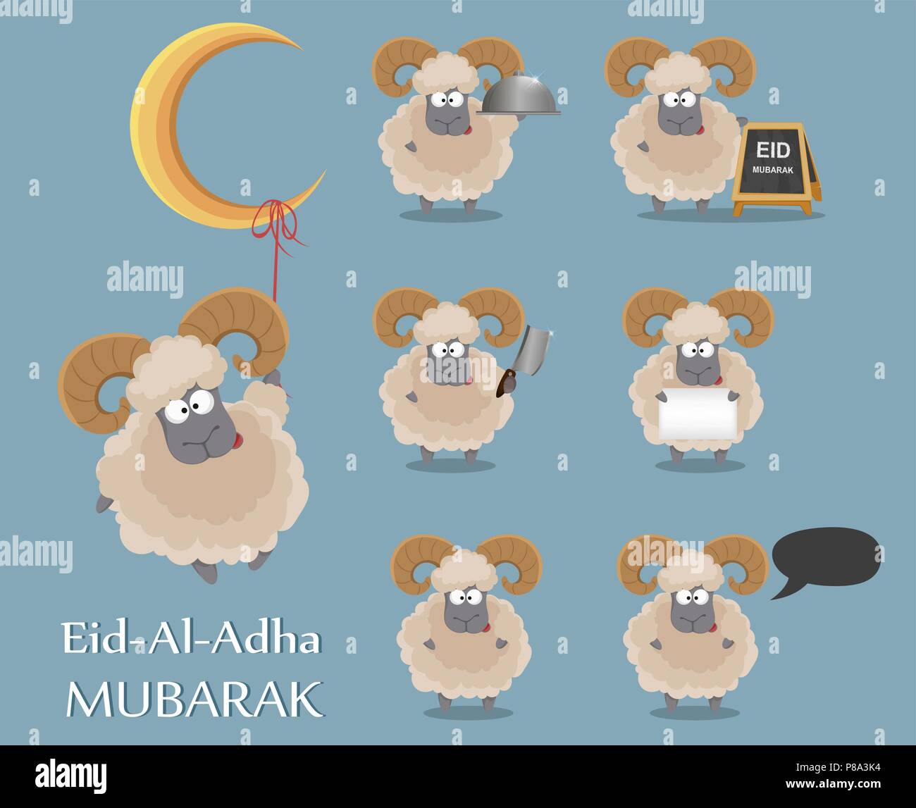 Muslim traditional holiday Eid al-Adha. Sacrifice a ram. Set of cartoon ...