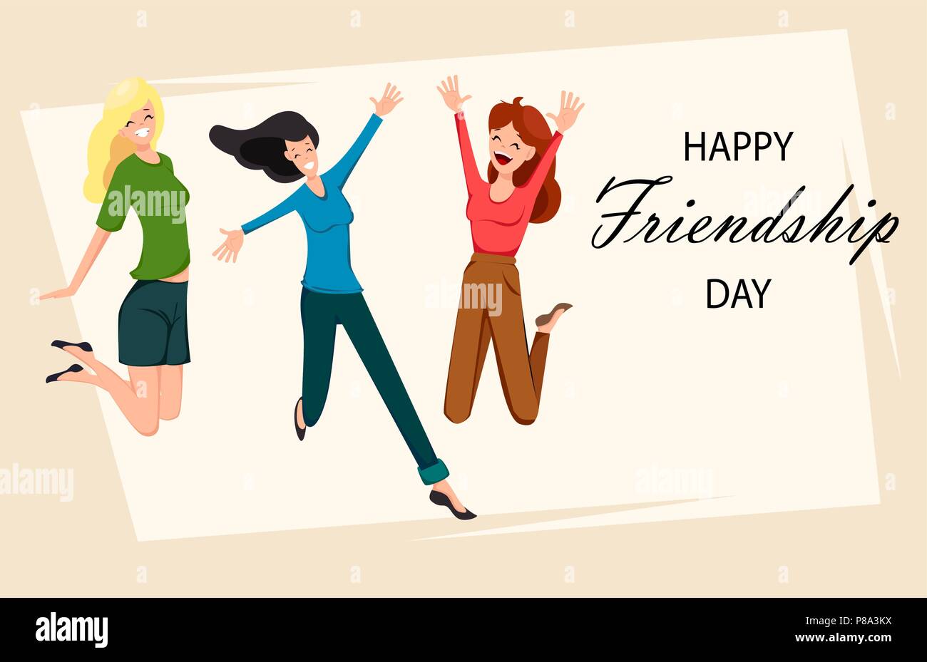 Happy Friendship day greeting card, poster or banner. Three cheerful ...