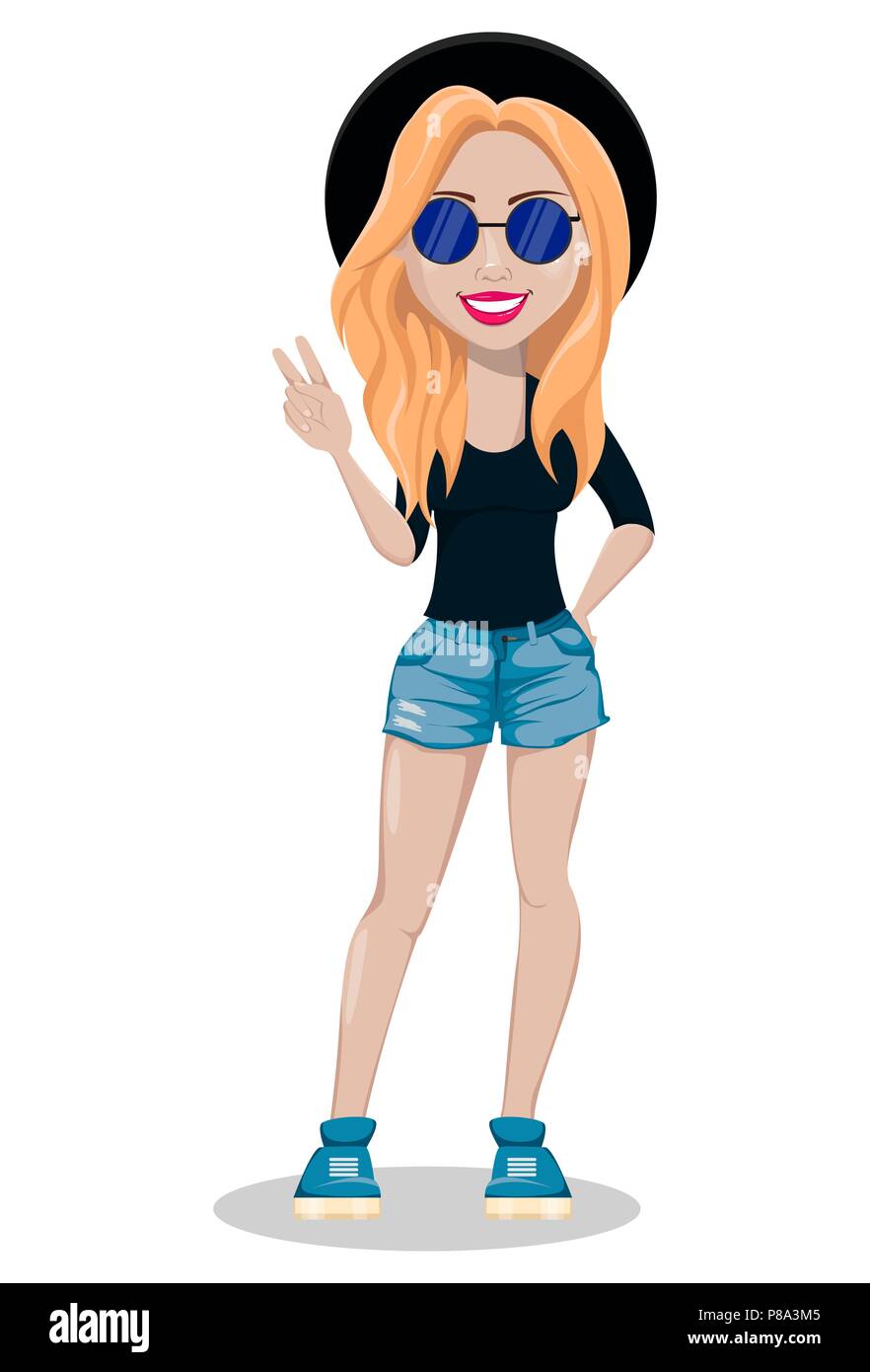Hipster Woman Beautiful Young Girl Modern Lady Showing Peace Sign Vector Illustration Stock