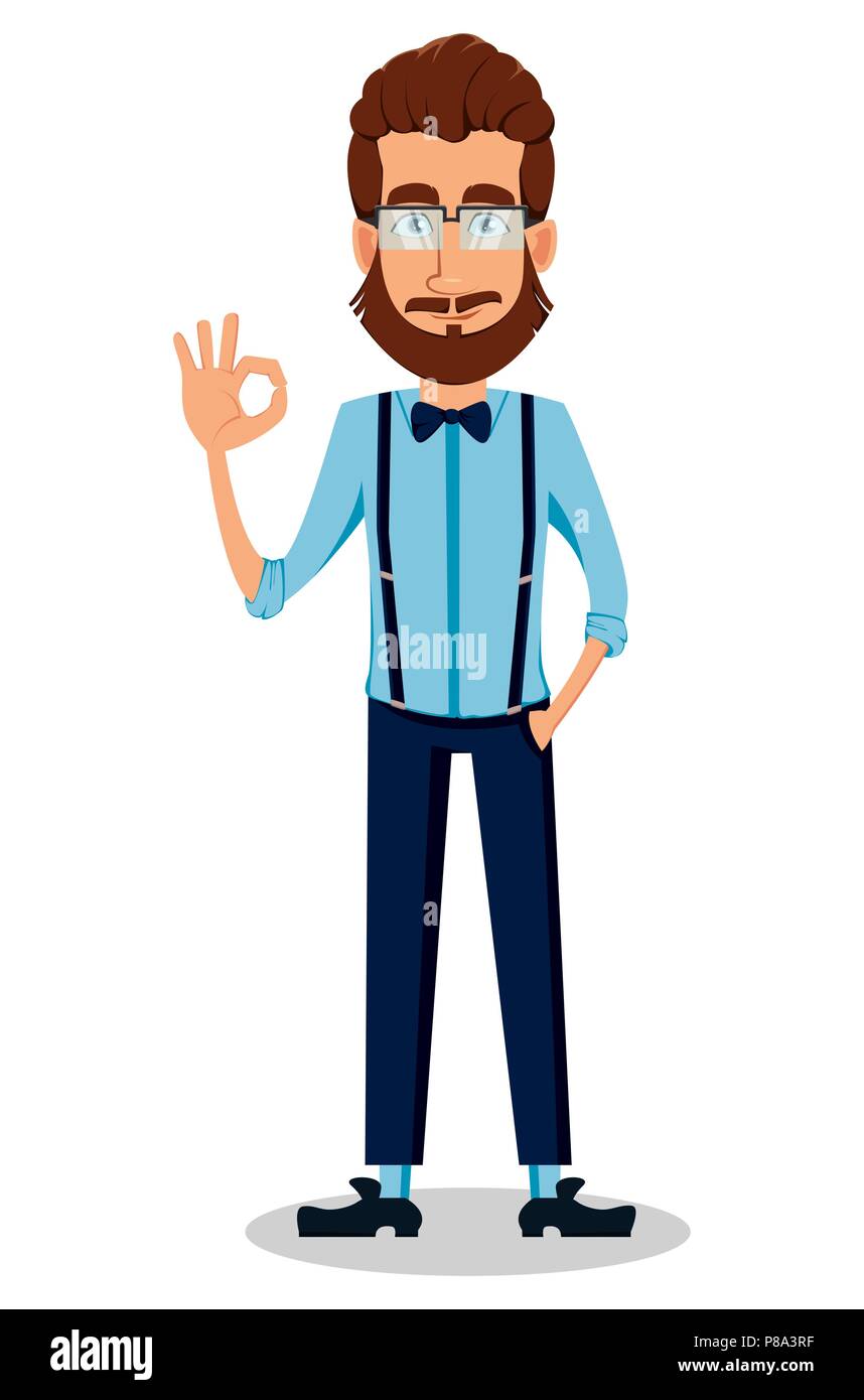 Young bearded hipster man in glasses. Handsome cartoon character ...