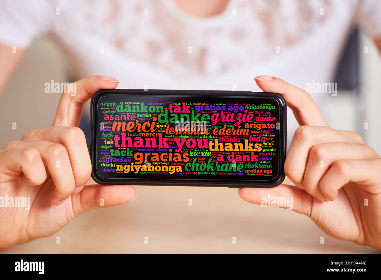 The word Thank you in different languages on a smartphone Stock Photo ...