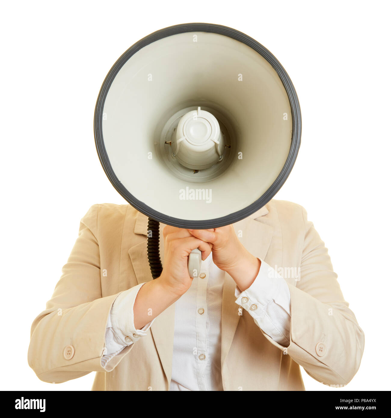 Woman calls in a big megaphone from the front Stock Photo - Alamy