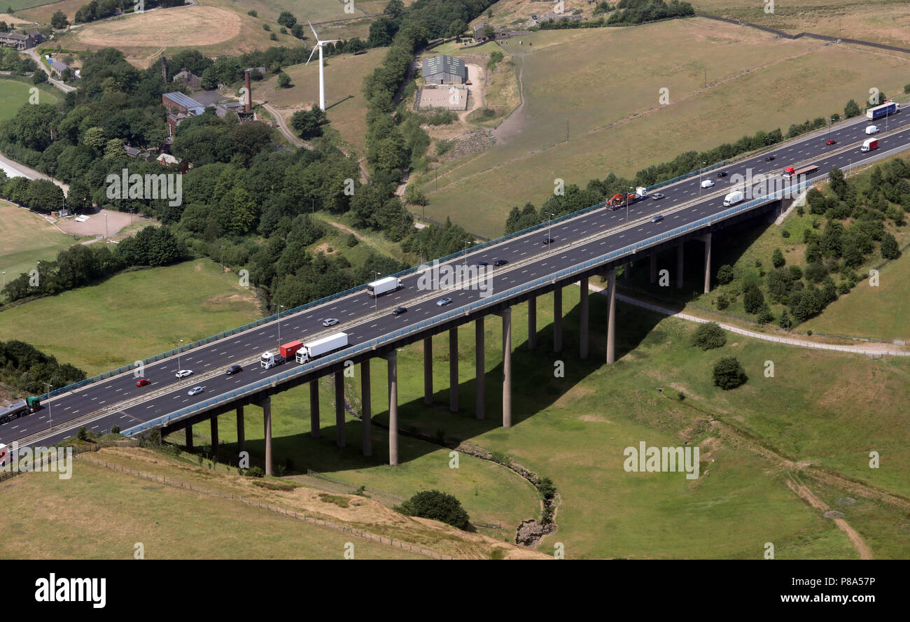 aerial view of a an elevated section of the M62 crossing a valley near ...