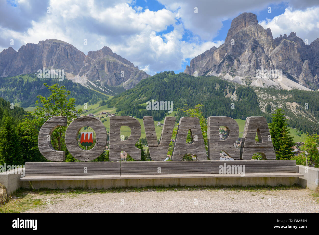Sign at the village of Corvara on Badia in the Dolomites, Italy Stock ...